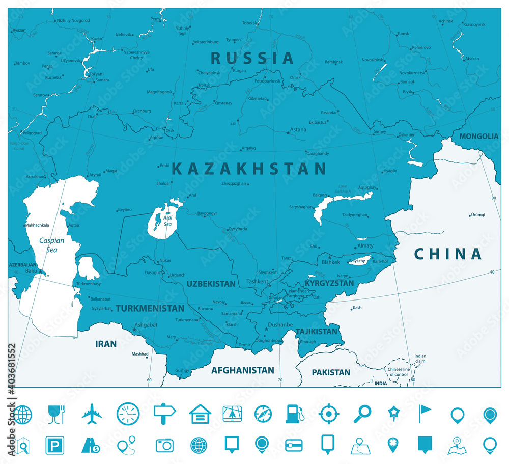 Central Asia Political Map and Navigation icons Stock Vector | Adobe Stock