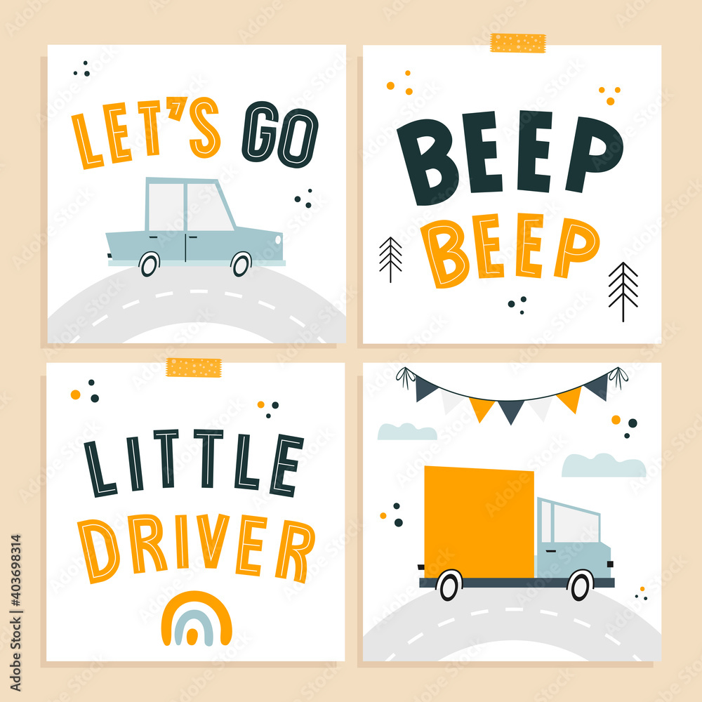 Cards with simple childish, cartoon style cars and lettering - Beep ...