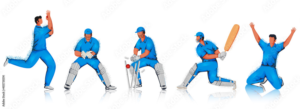 Cartoon Cricket Players Team In Different Pose With Noise Effect On ...
