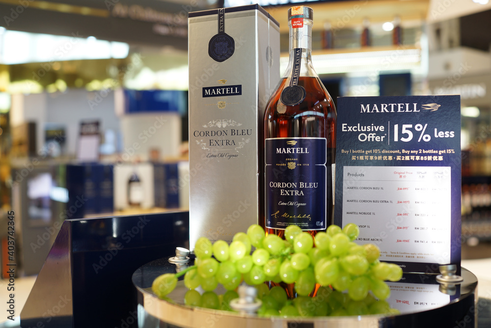 Martell Cognac Cordon Bleu Extra Old display on store shelf in KLIA ...
