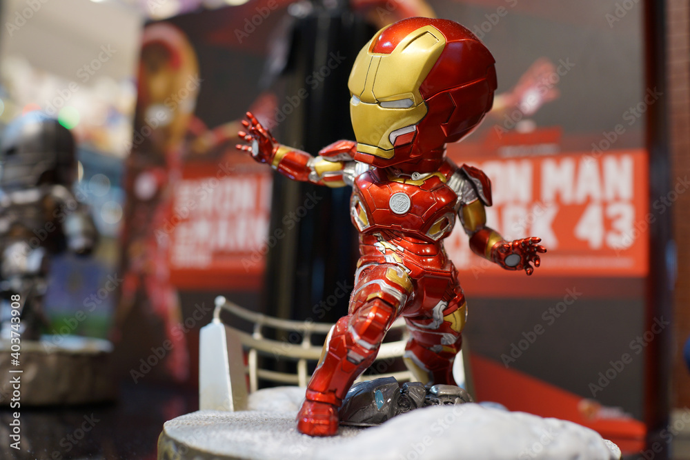 Close up of Iron Man figures on display shelf in Ximending shopping ...