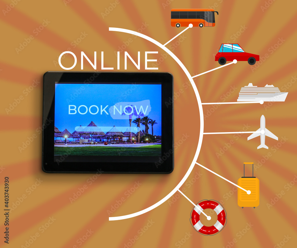 Open page of online booking service on screen of tablet computer on ...