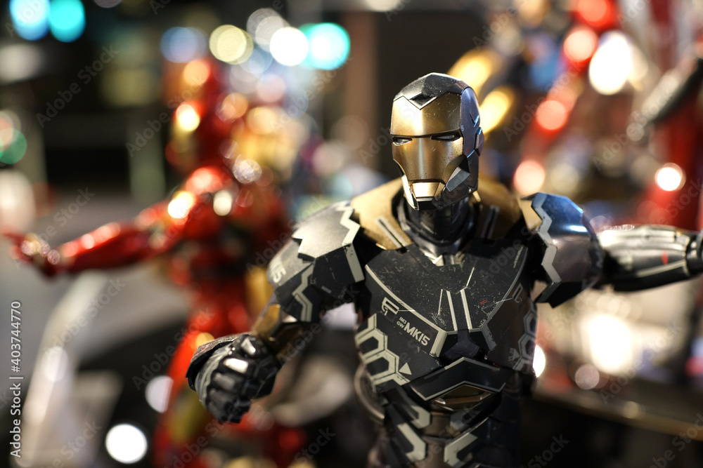 Close up of Iron Man figures on display shelf in Ximending shopping ...