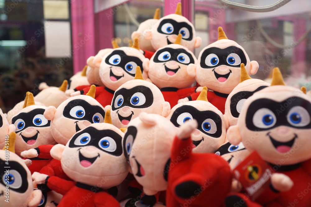 Close up a bunch of Arcade crane vending machine soft toys at Ximending ...