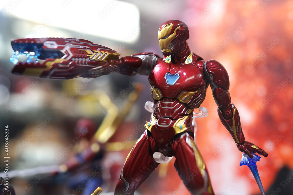 Close up of Iron Man figures on display shelf in Ximending shopping ...