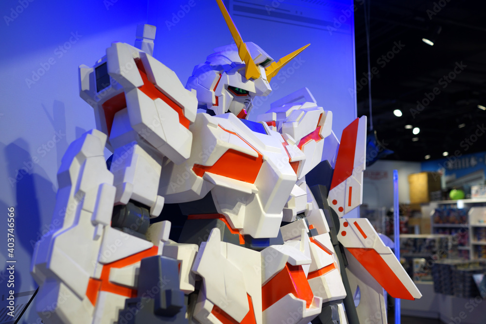 Gundam model display on store shelf in Syntrend Mall, Taiwan. It is a ...