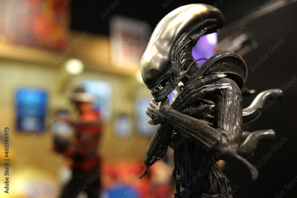 Close up of Alien figures on display shelf in Ximending shopping Mall ...