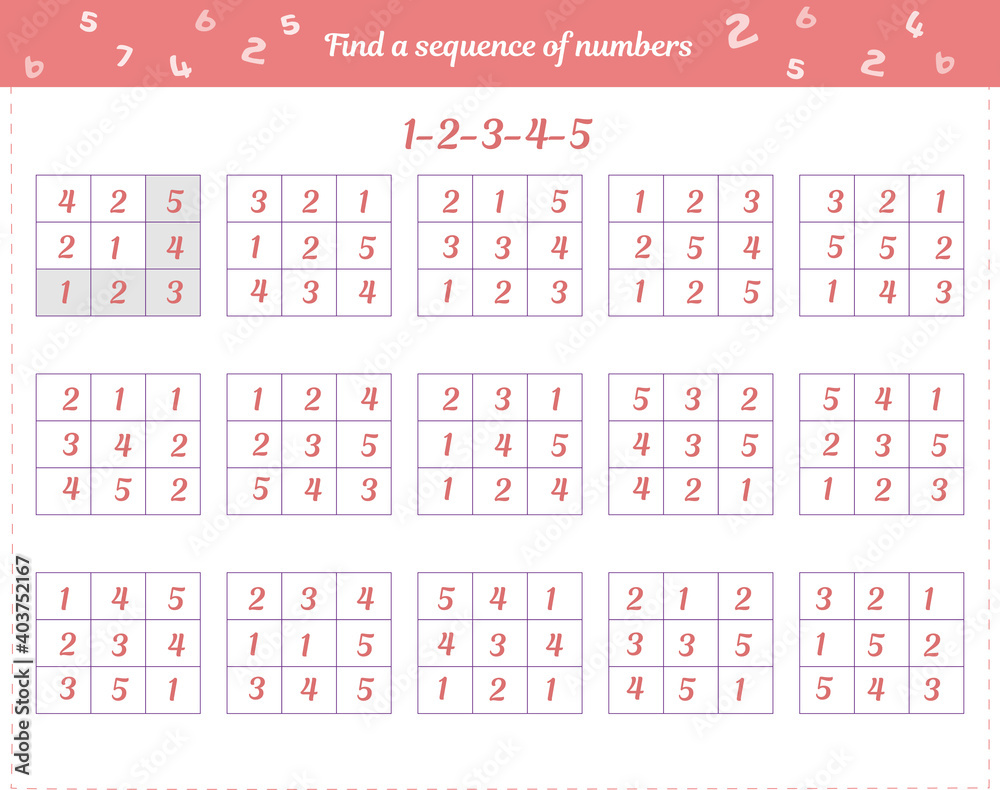 Logic game for children. Find a sequence of numbers from 1 to 5 in each ...