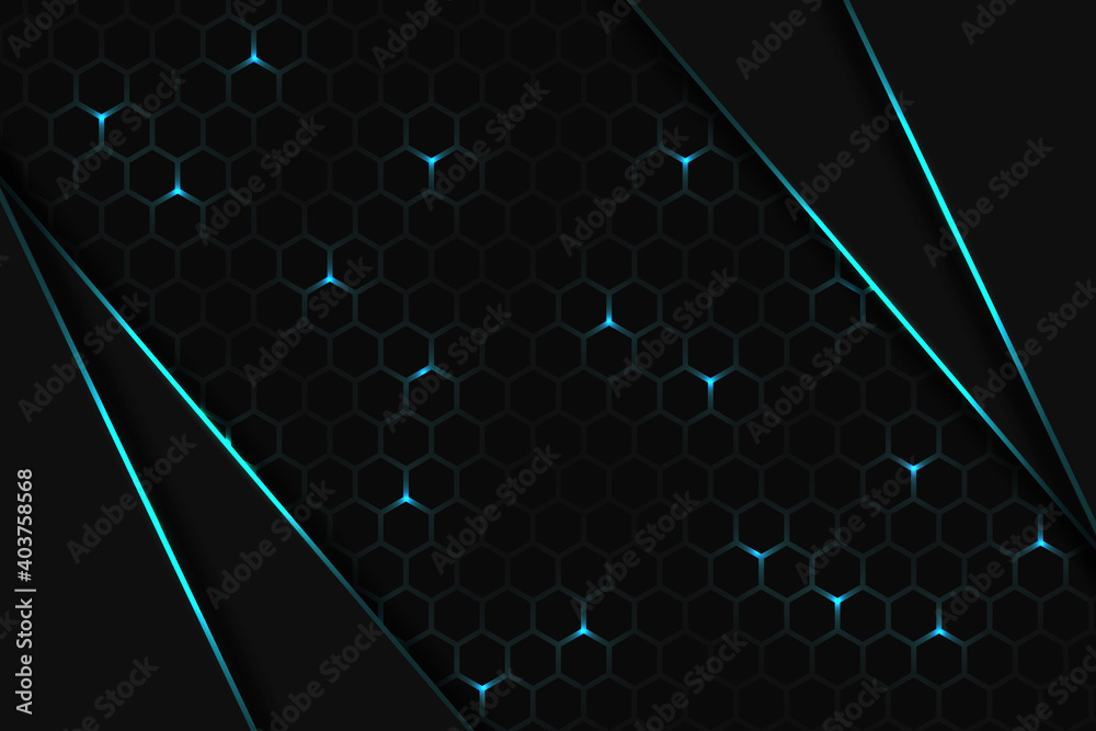 Technology dark hexagonal background. Blue bright energy flashing under ...