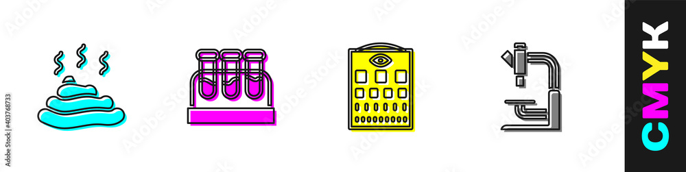 Set Shit, Test tube with blood, Eye test chart and Microscope icon ...
