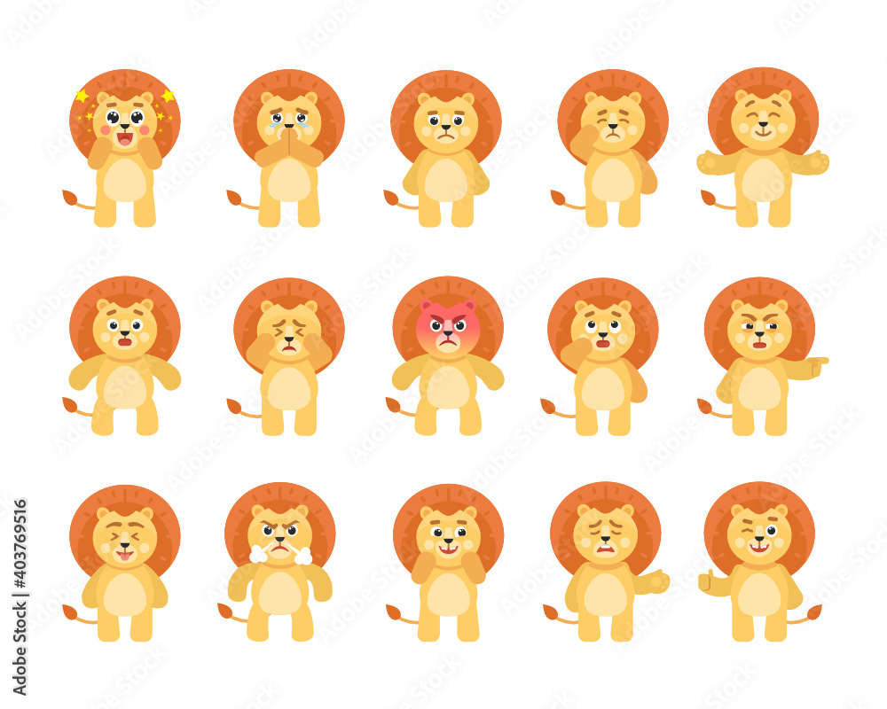 Vetor de Set of cute lion characters showing various emotions. Cartoon ...