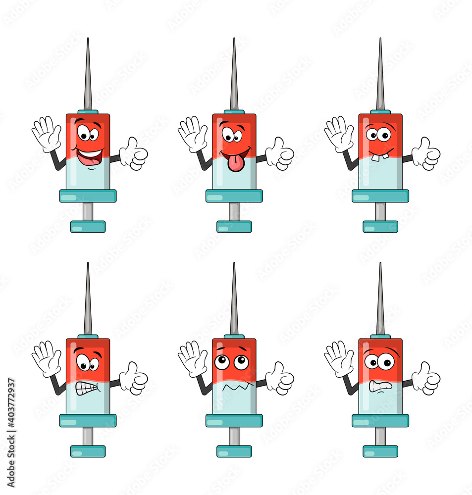 Syringe character cartoon icon set. Coronavirus vaccine cute mascot ...