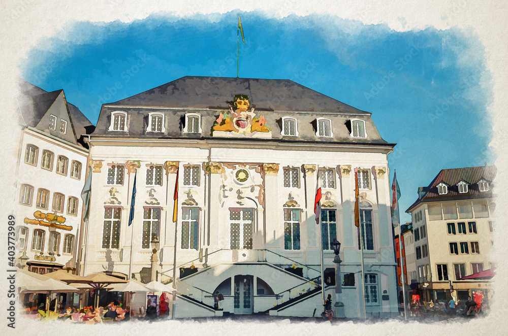Watercolor drawing of Bonn: Old city hall or Altes Rathaus Bundesstadt ...