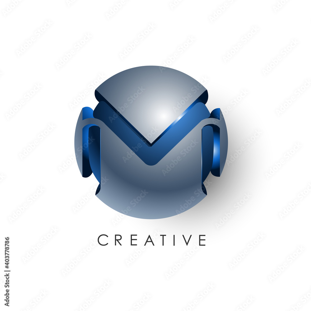 Initial letter M logo template colored blue grey circle 3d design for ...