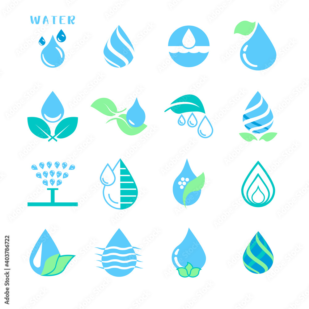 Vector set of water drop icons on leaves, watering, irrigation, on a ...