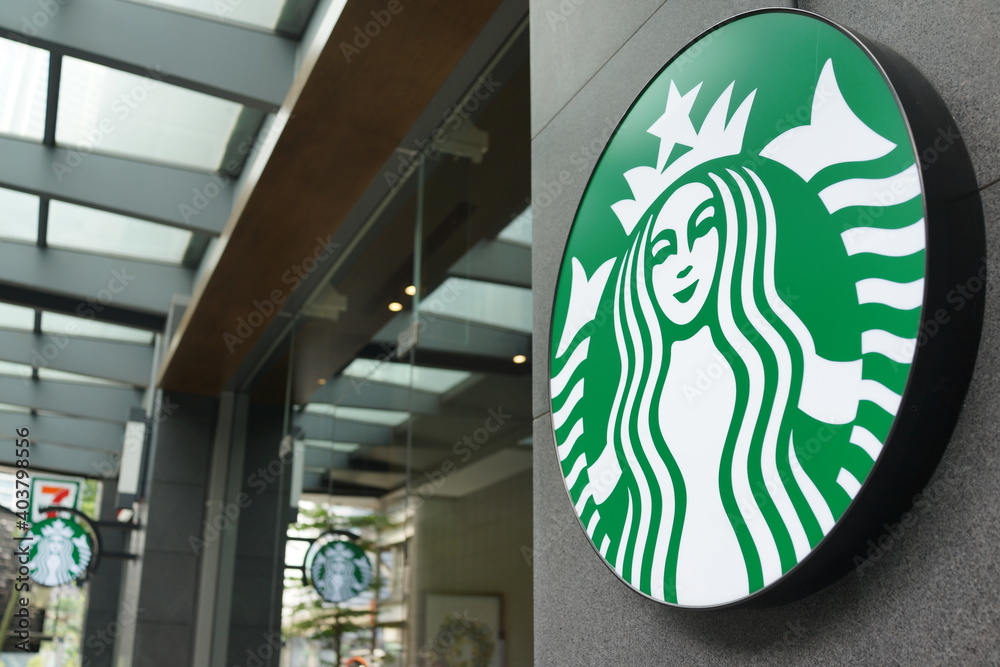 Starbucks Signage at the exterior of the shopping mall. Starbucks ...