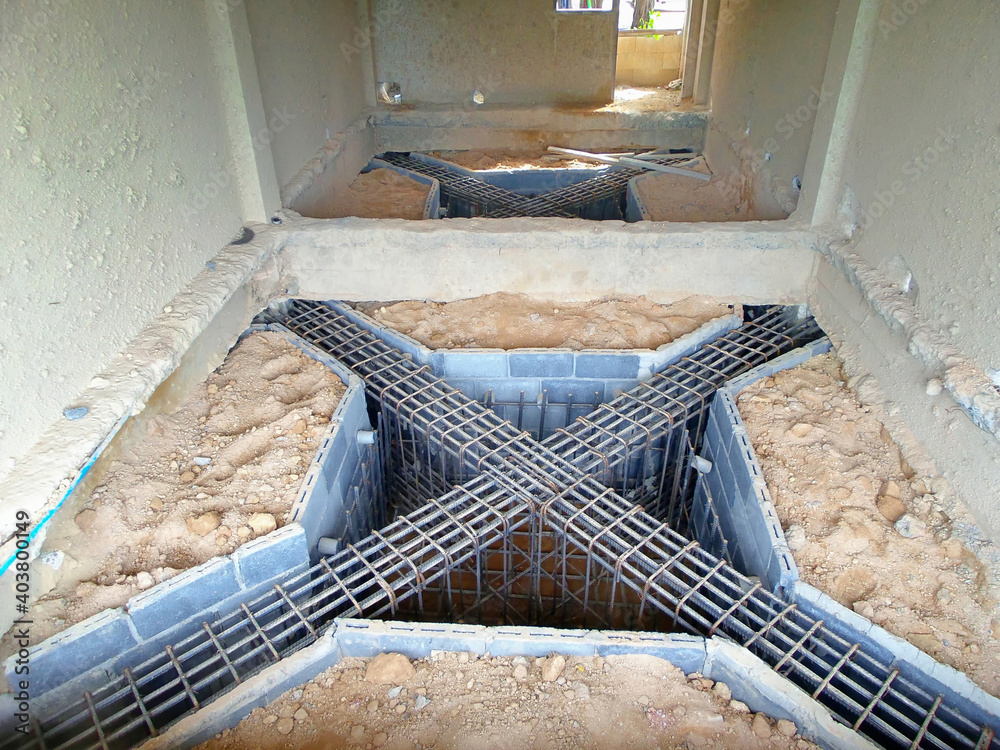 Steel structure construction of building foundations. Stock Photo ...