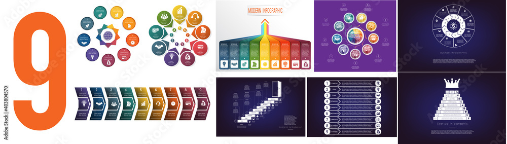 Collection of 9 colorful infographics for nine positions. Infographic ...