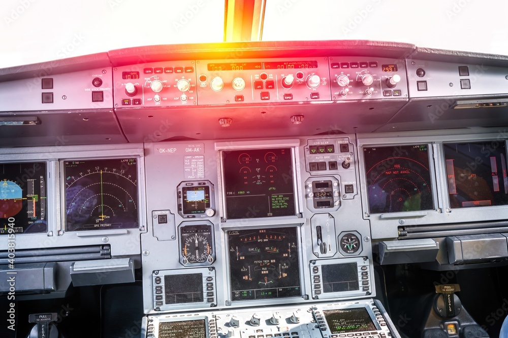 Airplane cockpit inside of civil aircraft Stock Photo | Adobe Stock