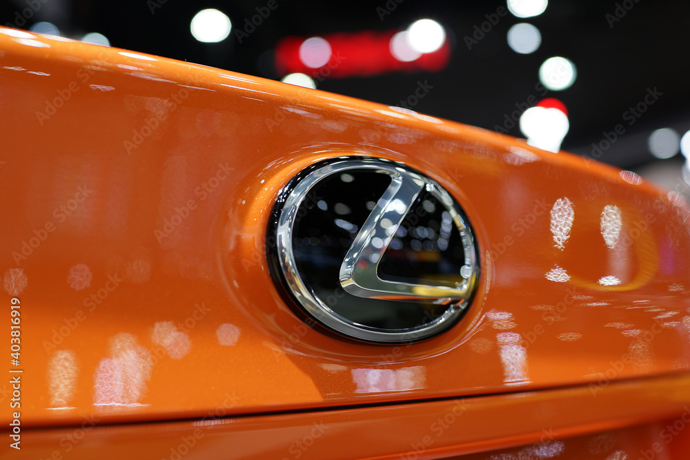 The emblem on the back grille of the Lexus car display at the Bangkok ...