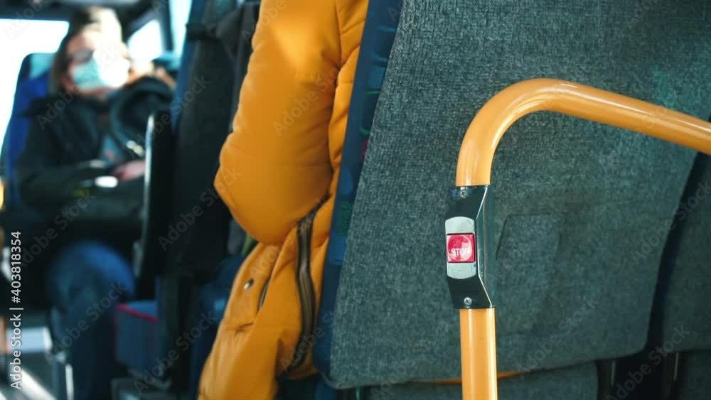 Stop button on the rail of the bus in motion. Emergency stop for ...