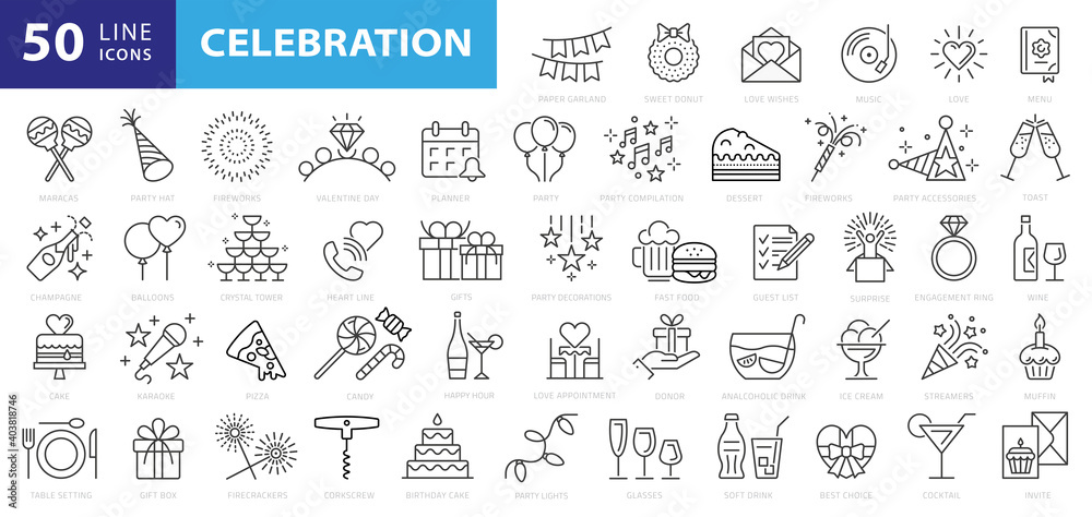 Party line icon set. Included icons as celebrate, celebration, dancing ...