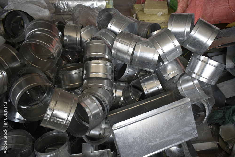 MEP works in civil construction site. Aluminum fabricated air flow duct ...