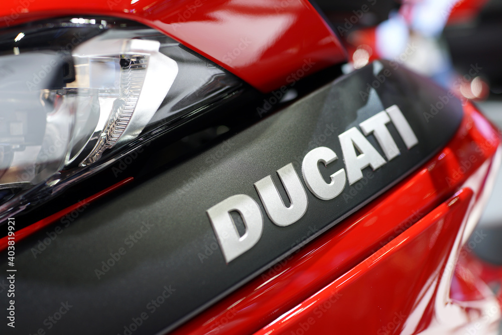 Close up elegant Ducati logo sign on motorcycle display in exhibition ...