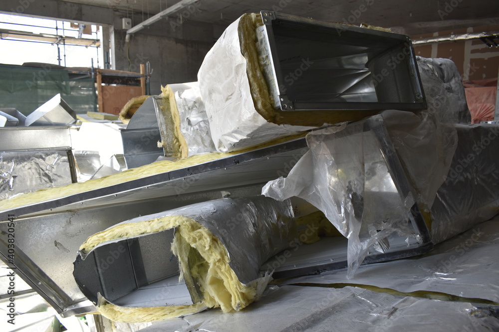 MEP works in civil construction site. Aluminum fabricated air flow duct ...