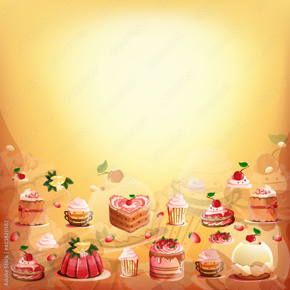Vector background with bakery pastry desserts, berries, cream and place ...