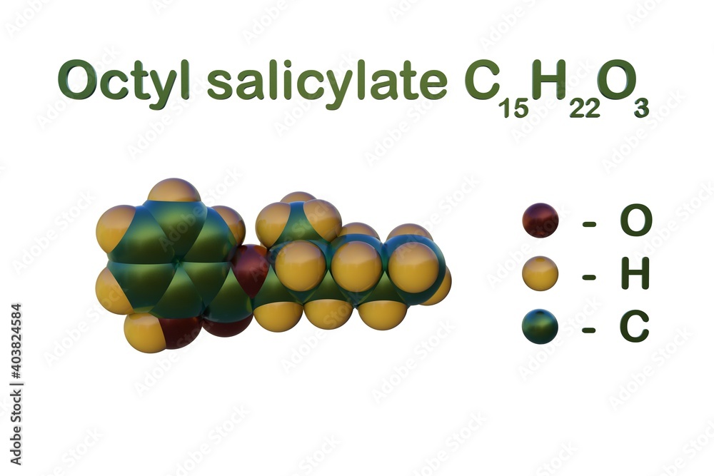 Structural chemical formula and molecular model of octyl salicylate or ...