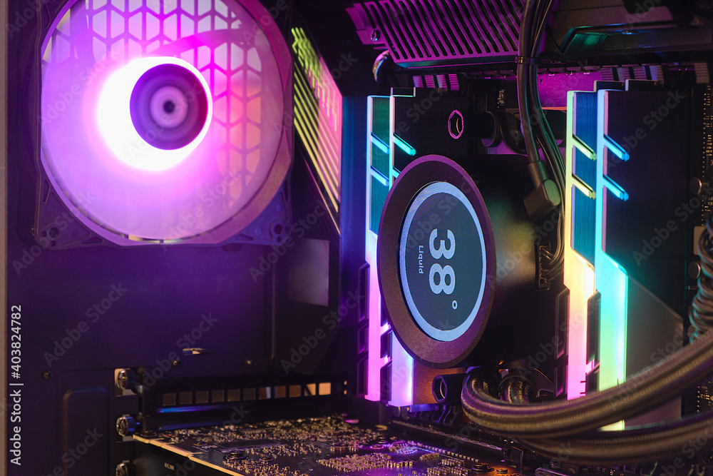 Close-up and inside high performance Desktop and cooling system on CPU ...