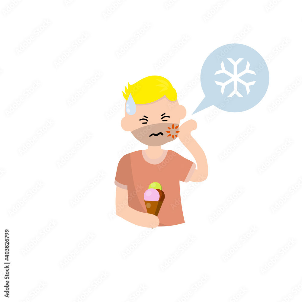 Tooth sensitivity. Man and ice cream. Pain in cheek and cold. Bubble ...