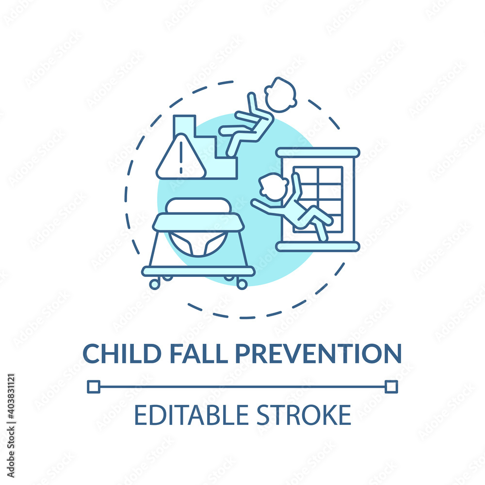 Child fall prevention turquoise concept icon. Kid trauma, injury ...