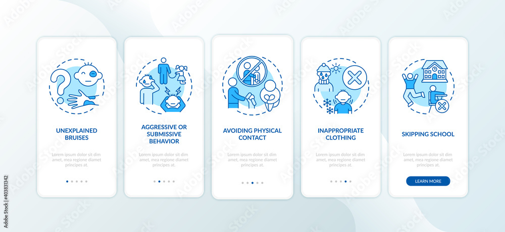 Signs of child abuse and neglect blue onboarding mobile app page screen ...