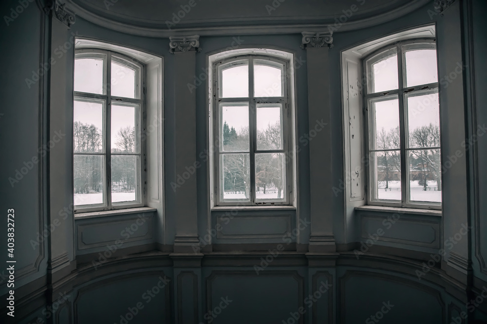 Vintage windows inside a beautiful old abandoned manor house. Street ...