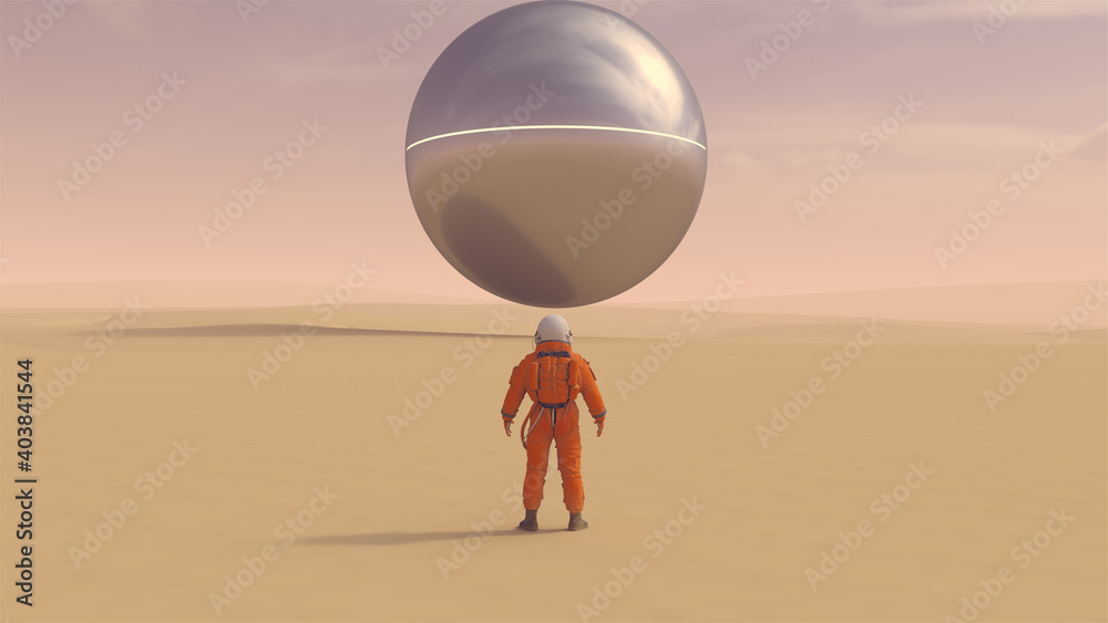 Astronaut Space Explorer and Large Alien Silver Orb Sphere with Glowing ...