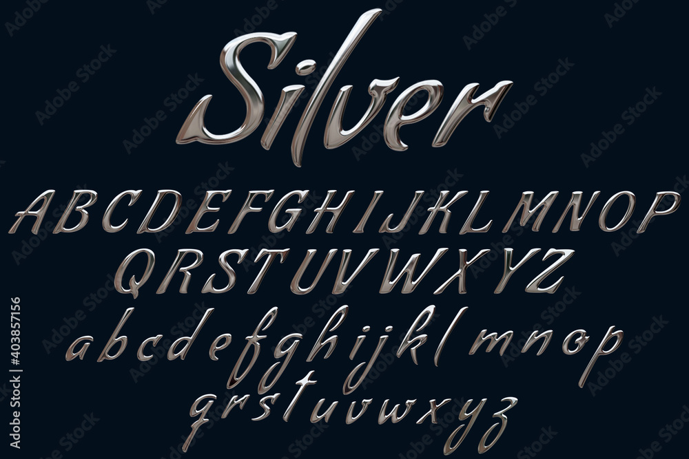 Ilustrace „Calligraphic 3D handwriting font with glossy metal texture ...