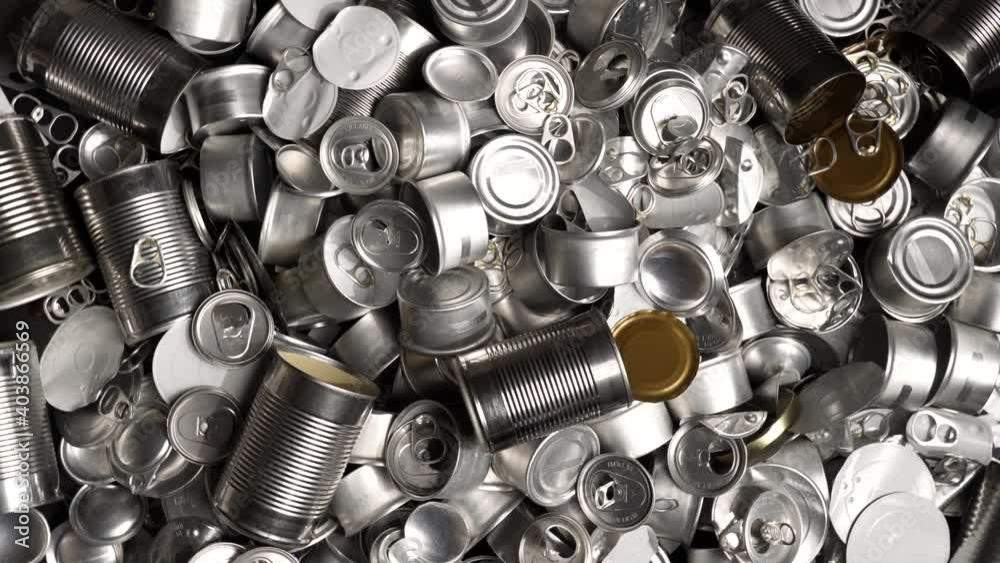 Metal tins, cans and jar garbage from household on the table. City home ...