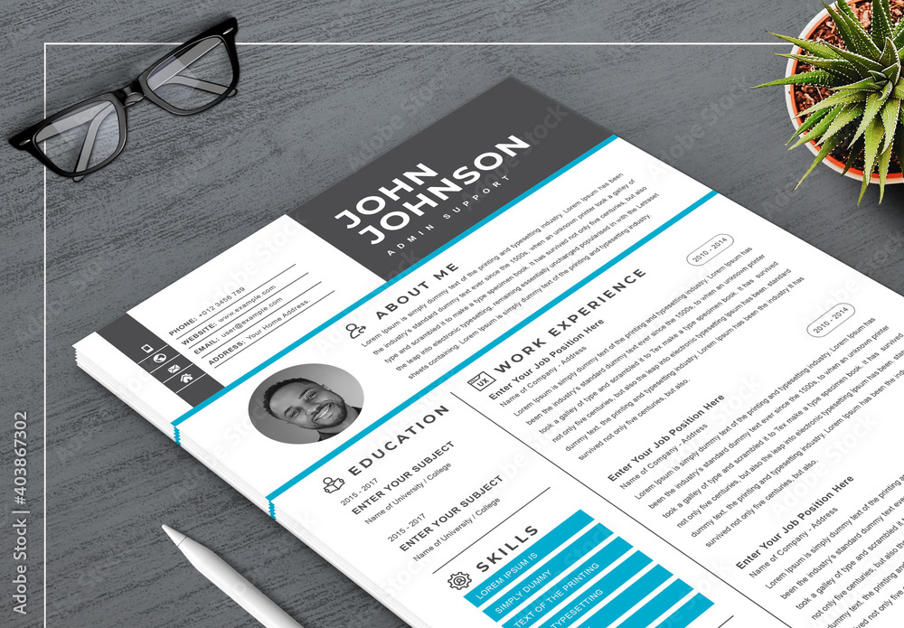 Modern Resume Template Layout with Photo Stock Template | Adobe Stock