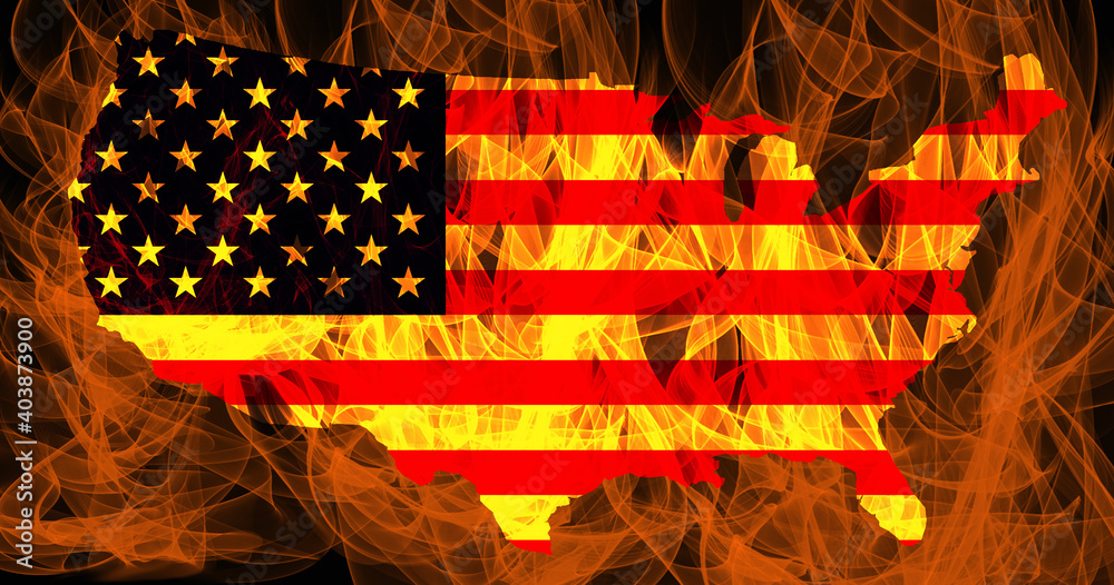 Riots in the United States. USA flag and map contour line on fire ...