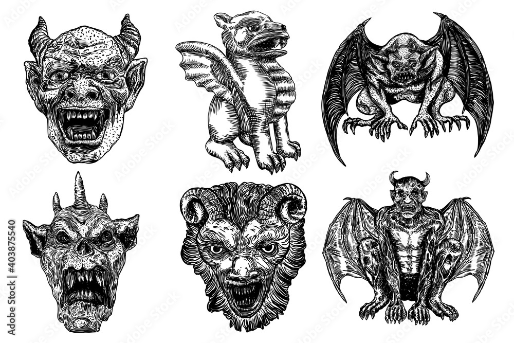 Set of mythological ancient gargoyle creatures, human and dragon like ...