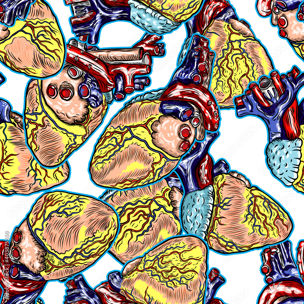 Seamless pattern of Human heart anatomically and hand drawn. Cartoonish ...
