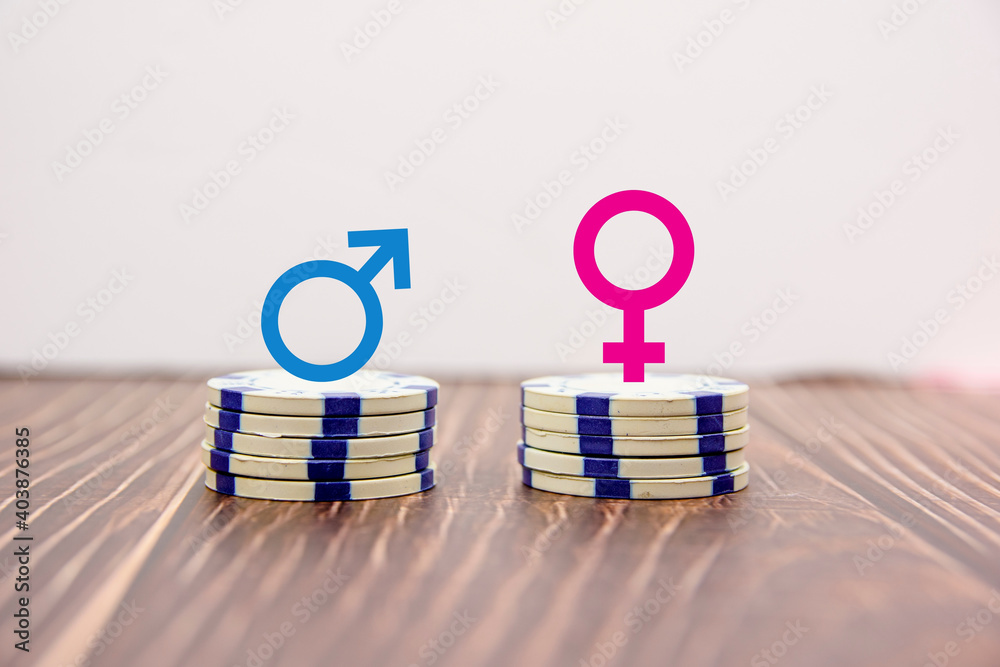 Poster Male and female symbols on piles of coins - Gender pay equality ...
