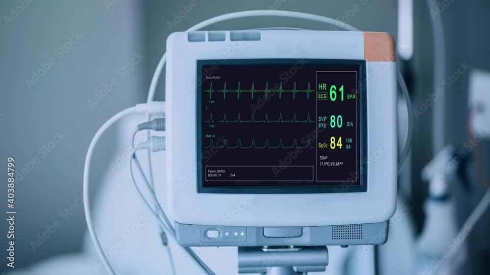 Patient monitor displays vital signs ECG electrocardiogram EKG, oxygen ...
