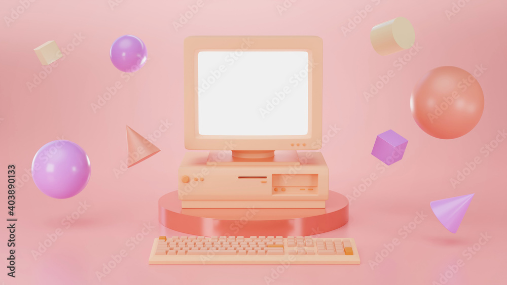 cute 3d render computer mockup for content editor. Stock Illustration ...