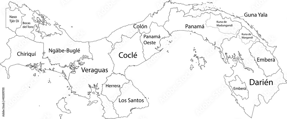 White vector map of Panama with black borders and names of it's ...
