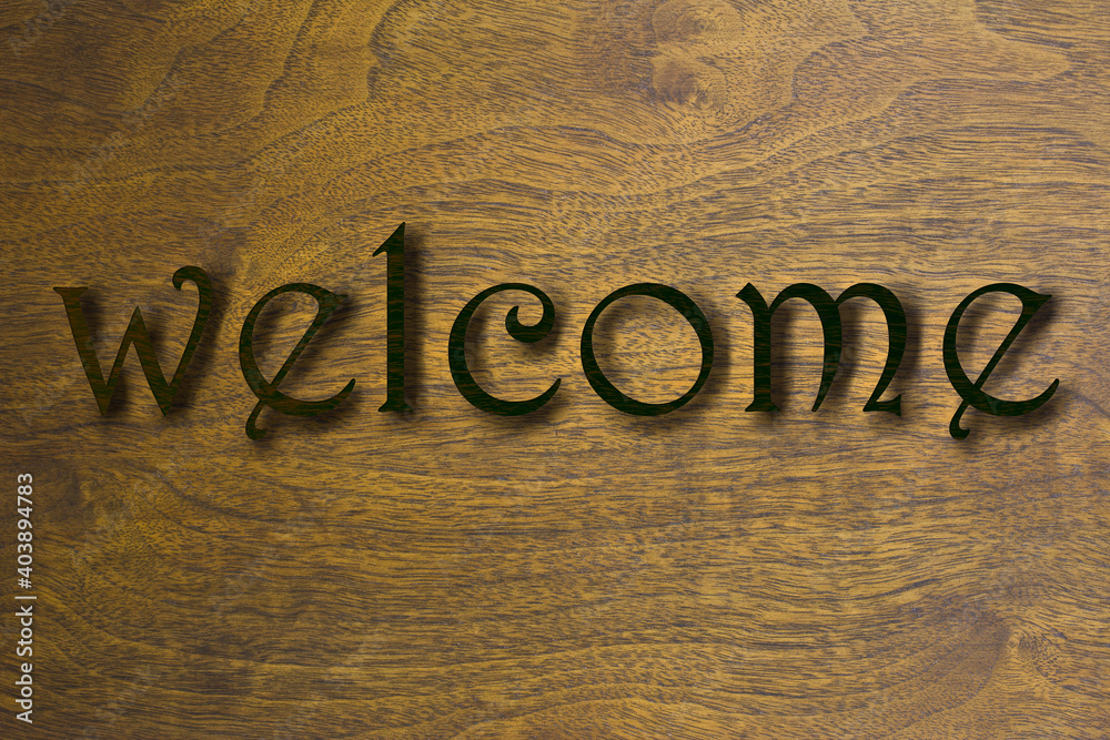 Welcome sign set on a wood background. Brown 3D text against wood grain ...