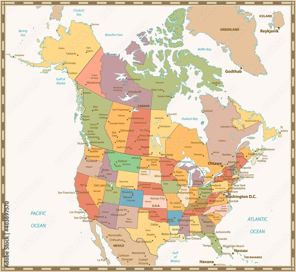 Retro color political map of USA and Canada Stock Vector | Adobe Stock