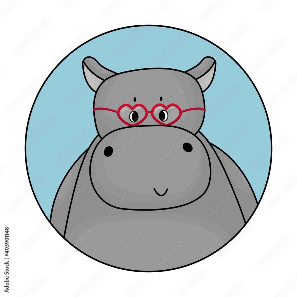 Vetor de Gray male cartoon hippo is smiling. Avatar with blue ...